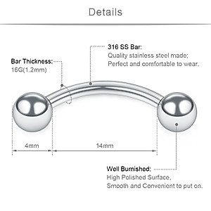SCERRING 16G Curved Barbell Nipplerings Snake Eyes Tongue Ring Piercing Stainless Steel 9/16Inch 12PCS