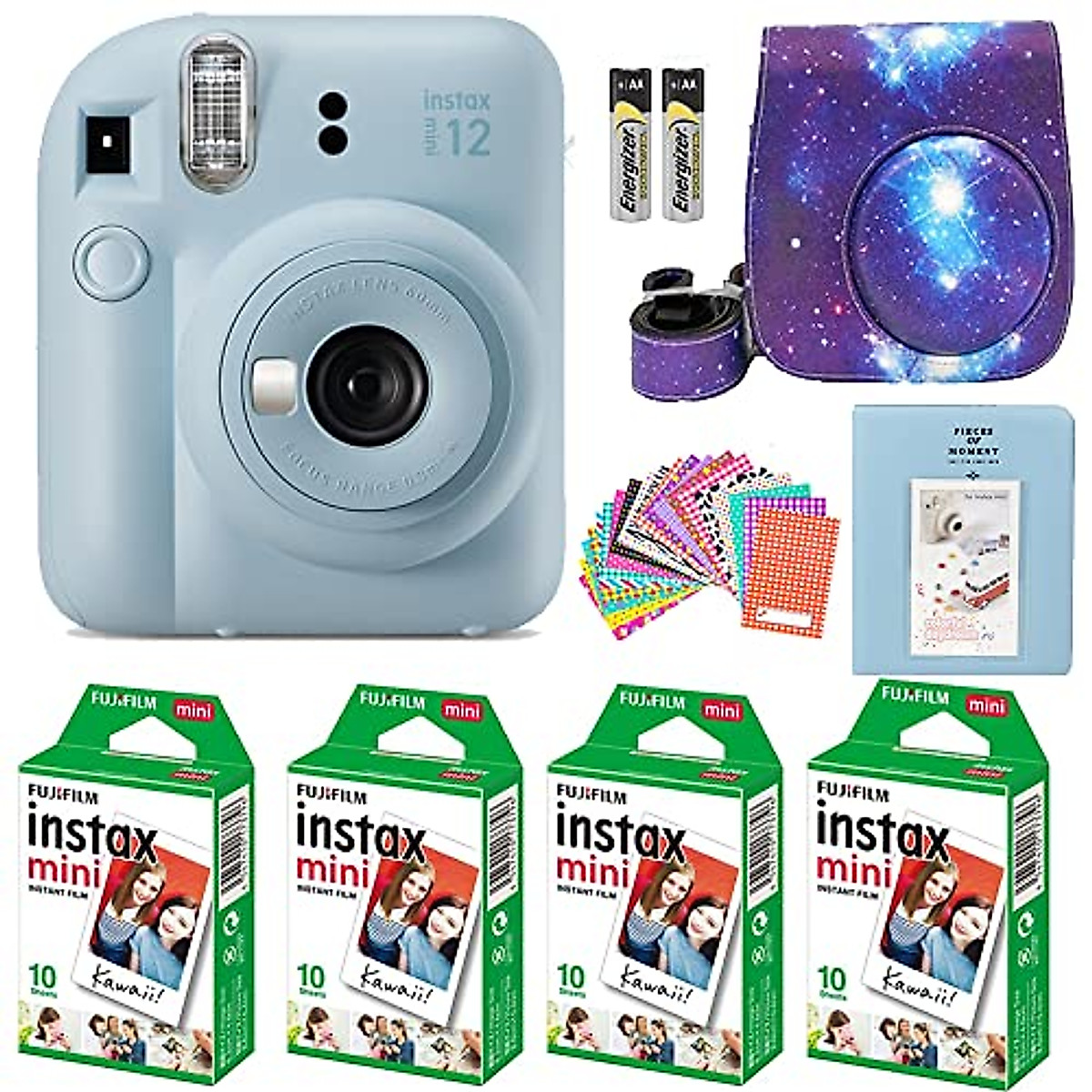 Fujifilm Instax Mini 12 Instant Camera Pastel Blue with Film Value Pack (40 Sheets) + Accessories Including Galaxy Carrying Case Strap, Photo Album, Stickers (Pastel Blue), Compact