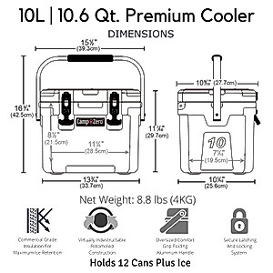 CAMP-ZERO 10L-10.6 Quart Portable Hard Cooler Ice Chest, Perfect for Drinks, Lunch, Beach, Picnics, Boating, Camping and Travel with 2 Molded-in Cup Holders and Folding Aluminum Handle