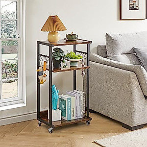 YMYNY Mobile Printer Stand, 3-Tier Printer Cart with Adjustable Storage Shelf and 6 S-Hooks, Tall Printer Table for Home Office, for Computer Tower Stand, Shredder, CPU Stand, Rustic Brown, UHPT002H
