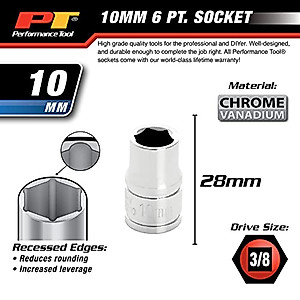 Performance Tool W38210 6-Point Socket, 3/8-Inch Drive, 10mm