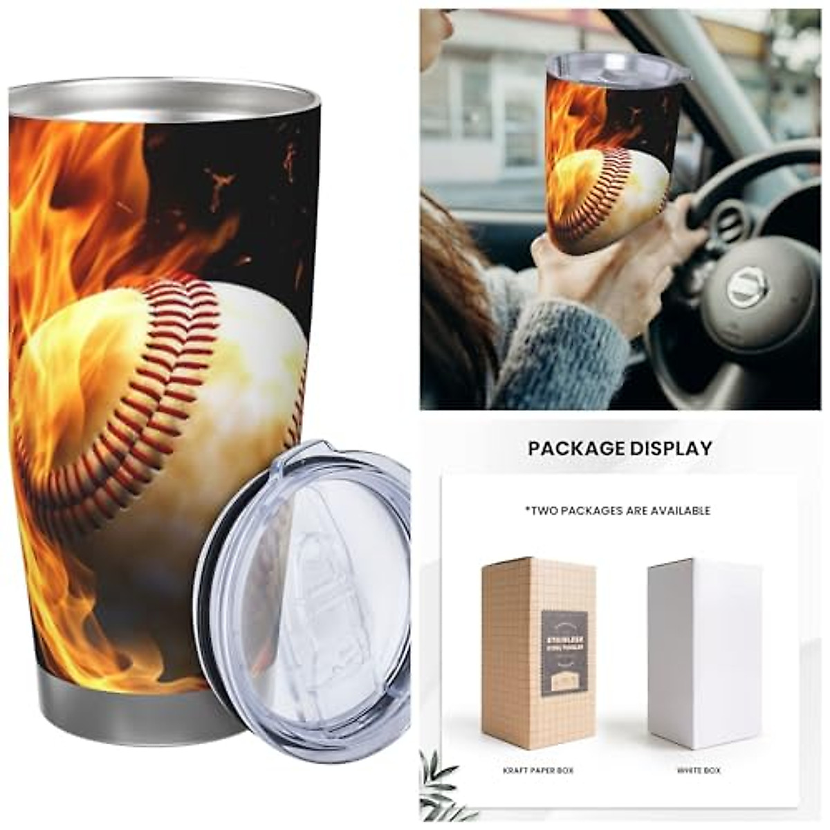 Fire Baseball Tumbler with Lid and Straw 20oz Stainless Steel Car Cup for Hot and Cold Drinks, Double Wall Insulated Travel Coffee Mug Reusable Drink Thermos Cup Birthday Gifts