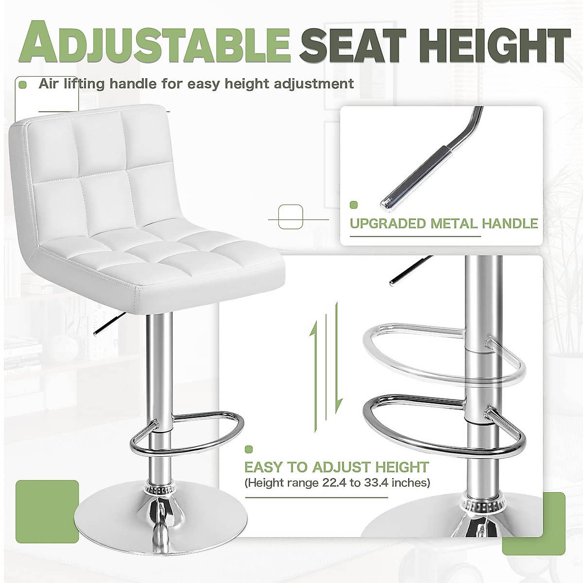 Furmax Bar Stools Modern Pu Leather Swivel Adjustable Hydraulic Bar Stool Square Counter Height Stool Set of 4 (4pcs White)