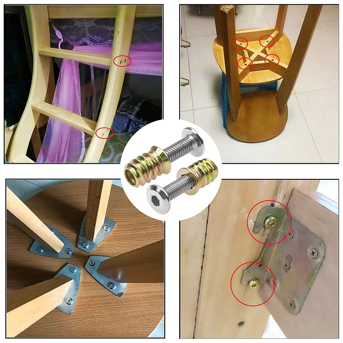 Rrina 16 Sets M6x25 Furniture Screw Nut Threaded Wood Inserts Bolt Fastener Connector Hex Socket Drive M6x15 Screw-in Nuts