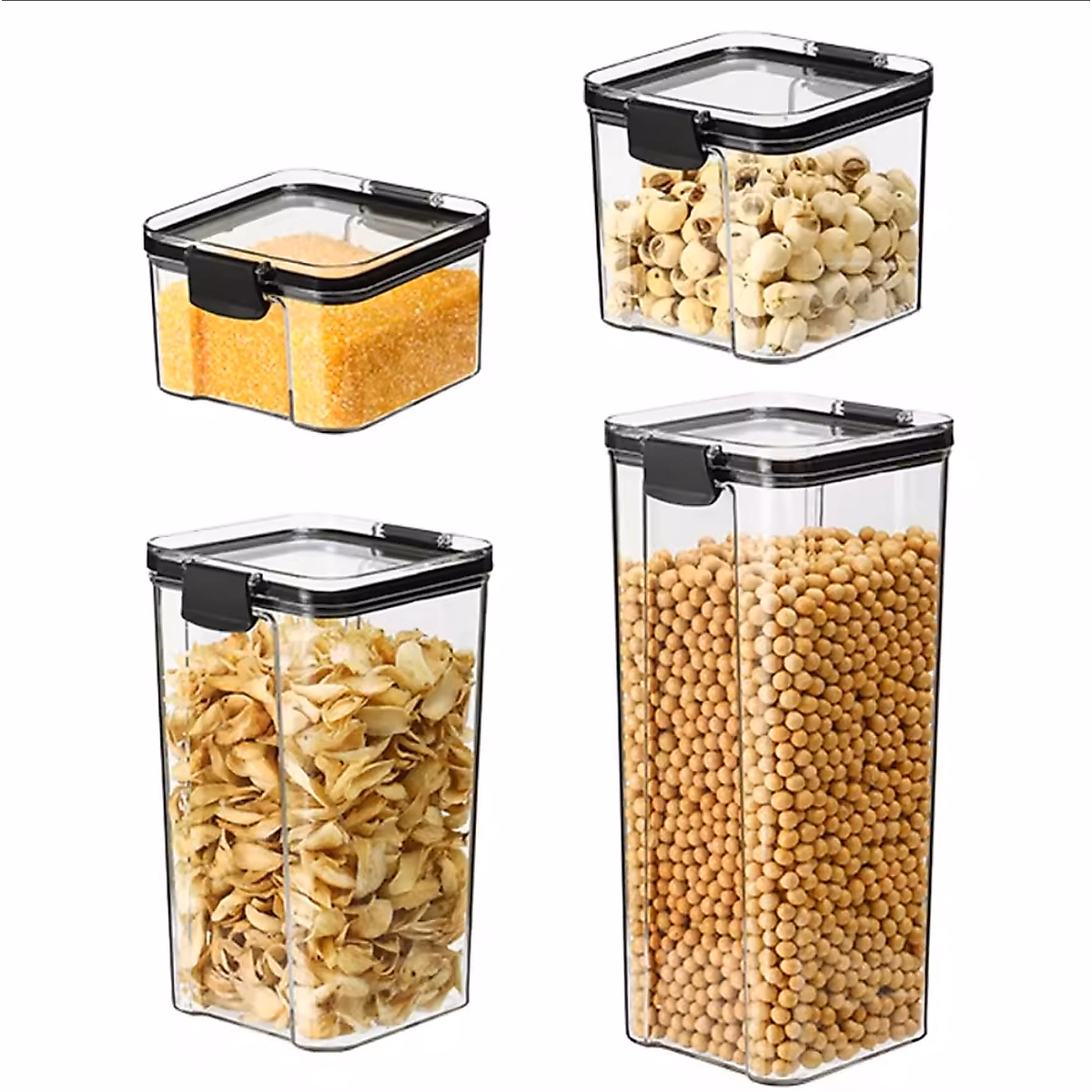 JAGF Airtight Food Storage Container - 5 Pce Set - Seal Stackable Plastic Canister Jar - Clear Plastic - Kitchen Cupboard Pantry Organizer, Spice, Pasta, Snack, Candy, Bean - For gift.