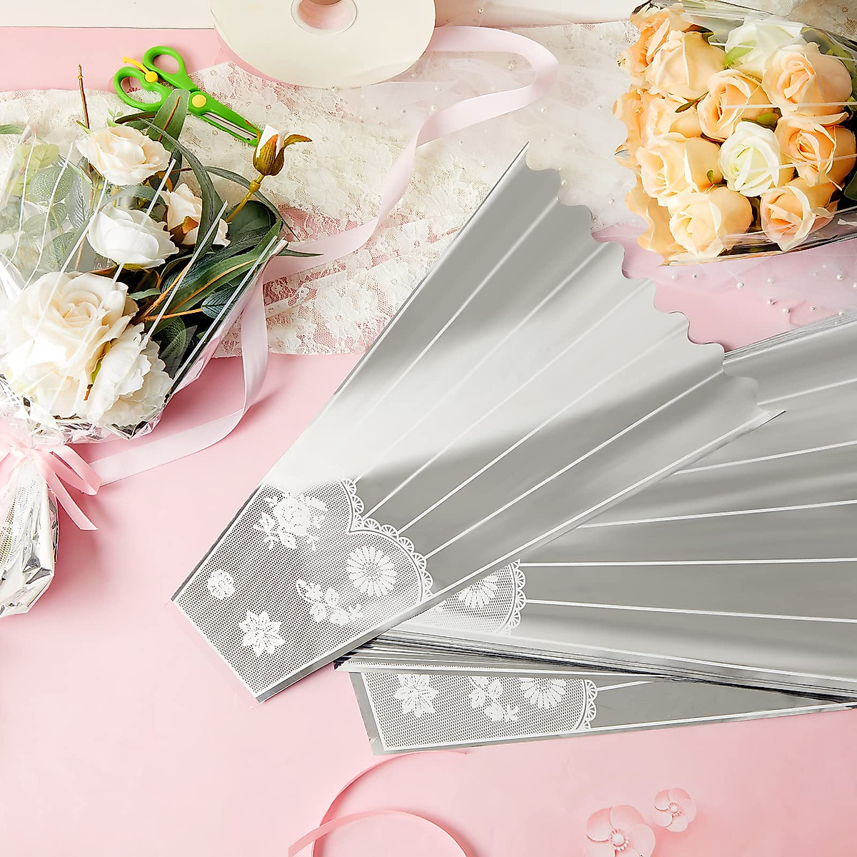 150 Pieces Flower Bouquet Bag Plastic Wrapping Bags Clear Floral Bouquet Sleeve with Strip and Lace Decor Disposable Cellophane Sleeves Transparent Flower Bouquet Packaging Bags for Wedding, Birthday