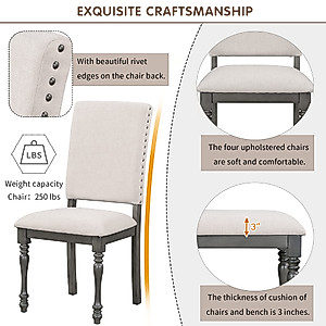 BIADNBZ 6-Piece Kitchen Dining Table Set with 4 Upholstered Chairs and 1 Bench, for 6 People, Gray