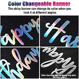 Tatuo Shiny Happy Birthday Banner Sign Iridescent Happy Birthday Banner Changeable Birthday Decoration Garland Bunting Banner, Iridescent Baby Shower Birthday Party Favor Supplies(Silver)