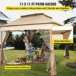 Happybuy Outdoor Canopy Gazebo Tent, Portable Canopy Shelter with 11'x11' Large Shade Space for Party, Backyard, Patio Lawn and Garden, 4 Sandbags, Carrying Bag and Netting Included, Brown