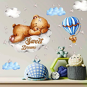 Tedy Bear Sleeping on The Moon and Stars Wall Stickers for Kids Baby Room Decor Sweet Dream Moon Hot Air Star Baby Nursery Decor Room Interior Decor Kid Bedroom Playroom Wall Decals (Blue)