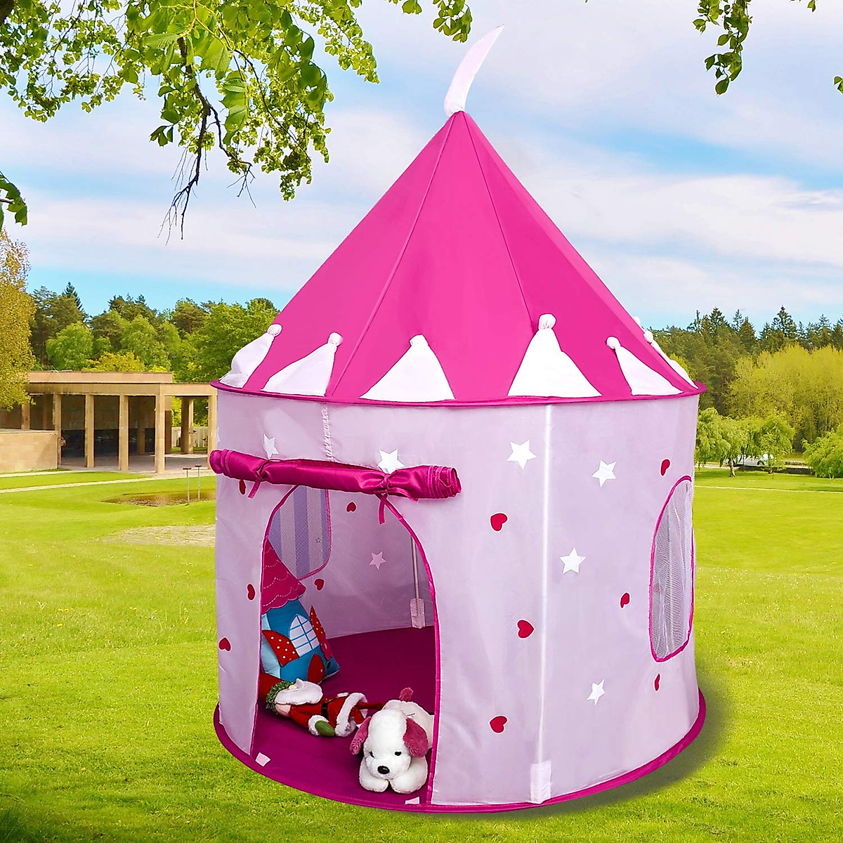 Princess Castle Play Tent with Glow in The Dark Stars Foldable Pop Up Pink Play Tent/House Toy for Indoor Kids Tent & Outdoor Children Tent Girls Gifts