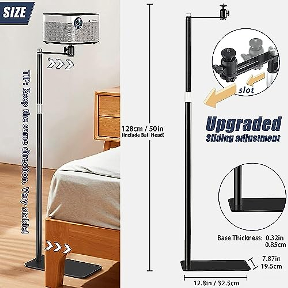 Projector Stand, Projector Floor Stand Mount Adjustable Height 16-50 Inch (Include Ball Head) Universal Projector Stand Behind Sofa Bed 360° Rotation Compatible with XGIMI AuKing Anker and Other
