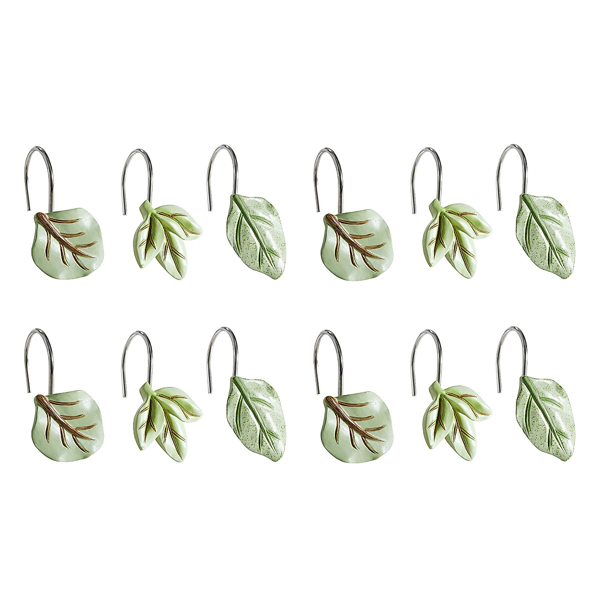 YoKii 12PCS Plant Leaves Decorative Shower Curtain Hooks for Green Tropical Botanical Plam Tree Leaf Shower Curtains Hooks Metal Rustproof Cute Eucalyptus Shower Curtain Rings Bathroom Decoration