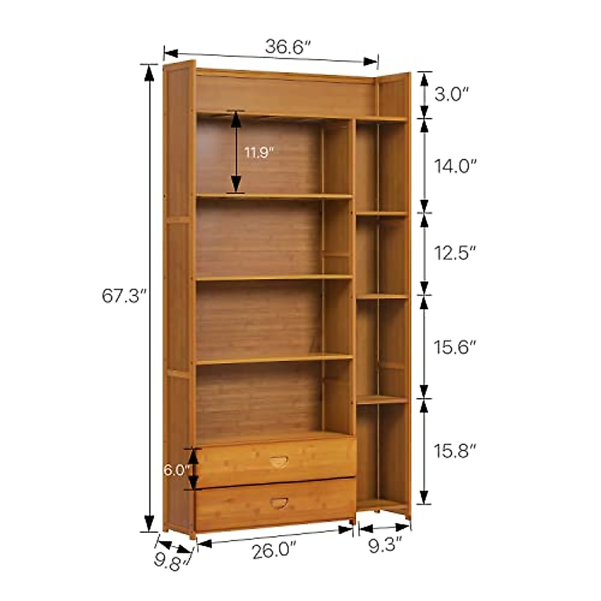 MoNiBloom 5 Tier Bookcase with 2 Drawers, Bamboo Large Multifunctional Shelf Storage Organizer Book Display Shelves for Home Living Room Office, Brown