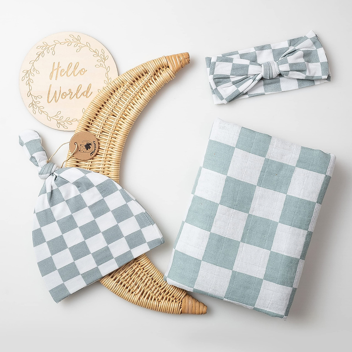 Miaoberry 100% Organic Muslin Swaddle Set| Sage Green Checkered