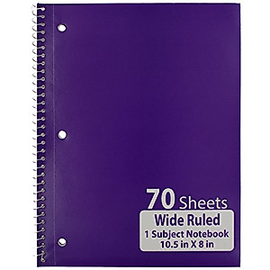 Emraw Single Subject Notebook Spiral with 70 Sheets of Wide Ruled White Paper - Set Includes: Red, Black, Purple, & Blue Covers (4 Pack)