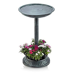 Alpine Corporation TIZ112 Alpine Plastic Outdoor Decor for Garden, Patio, Deck, Porch-Green Birdbath with Planter Pedestal, 25 Inch Tall, 15"L x 15"W x 25"H, Turquoise