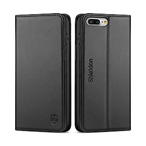 SHIELDON Genuine Leather iPhone 8 Plus Wallet Case Book Flip Cover and [Credit Card Slot] Magnetic Closure Compatible with iPhone 8 Plus / 7 Plus - Black