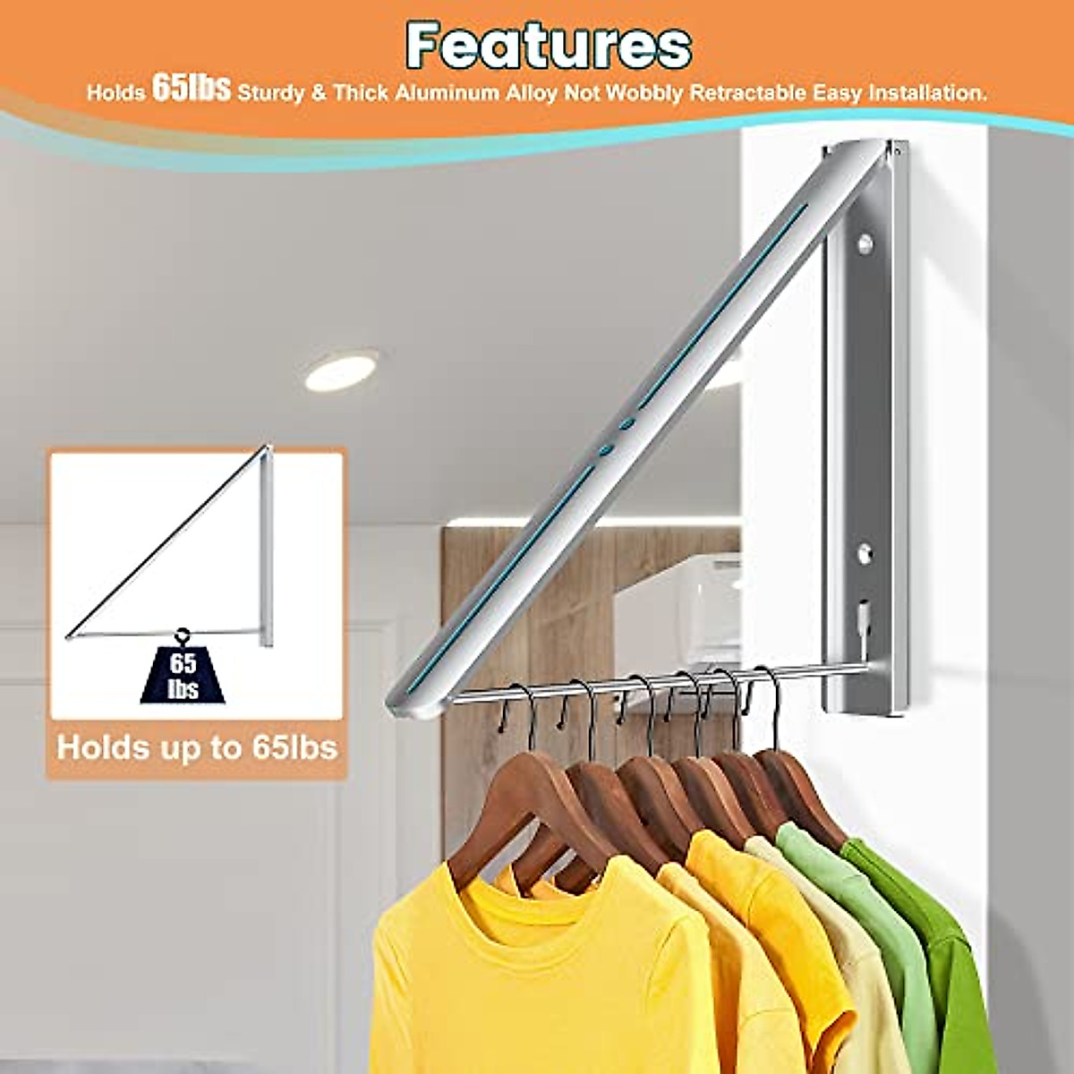 Vaselin Invisible Clothes Drying Rack, Retractable Clothes Drying Rack, Wall Mounted Clothes Drying Rack, for Laundry Room Space 13.7 x 1.85x 0.51inches