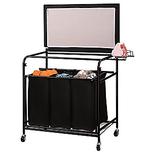 ALIMORDEN Laundry Sorter with Folding Ironing Board Iron Rack, Laundry Hamper Organizer with Sturdy 3 Clothes Bags and 4 Wheels for Laundry Room Black