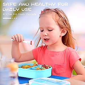 TEVIKE Kids & Adults Bento Lunch Box-4 Compartment Leak-Proof Food Containers with Fork & Spoon, BPA Free, Bento Adult Lunch Box for Work School, Microwave & Dishwasher Safe (Misty Pk-Blue)