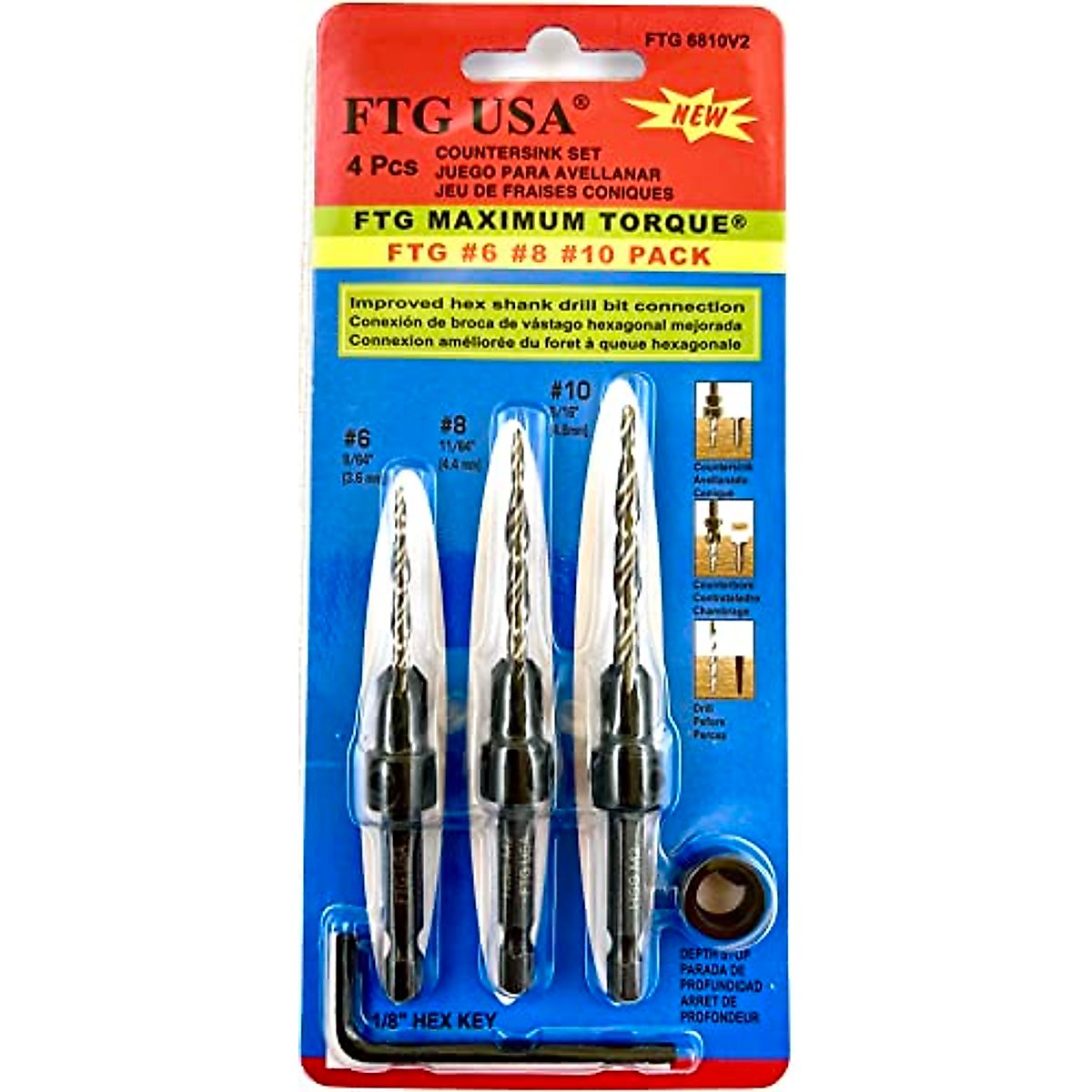 FTG USA Wood Countersink Drill Bit Set 3 Pc Countersink Drill Bit #6#8#10 Tapered Drill Bits with Improved Countersink Connection Drill Bit to Hex Shank Without Pin, 1 Stop Collar, 1 Allen Wrench