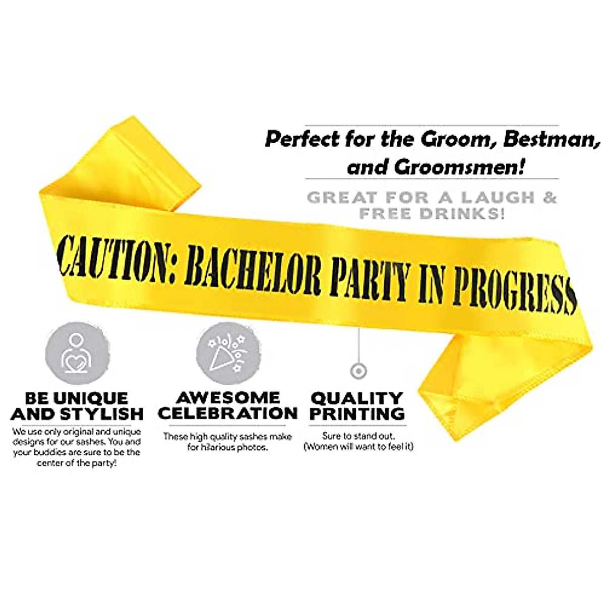 Brosash "Caution: Bachelor Party in Progress" Bachelor Party Sash Wedding Party Groom to Be Ideas Gifts Joke Favors Party Supplies Decorations Decor Wedding Shower Bride Engagement Men Bridal Black