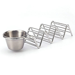 Taco Holder Stand, Stainless Steel Taco Rack 3 Grid V Shaped Taco Holder Rack Taco Tray with Sauce Cup, Metal Corn Tortilla Serving Tray Taco Plates Can Hold 3 Tacos for Home (with Sauce Cup)