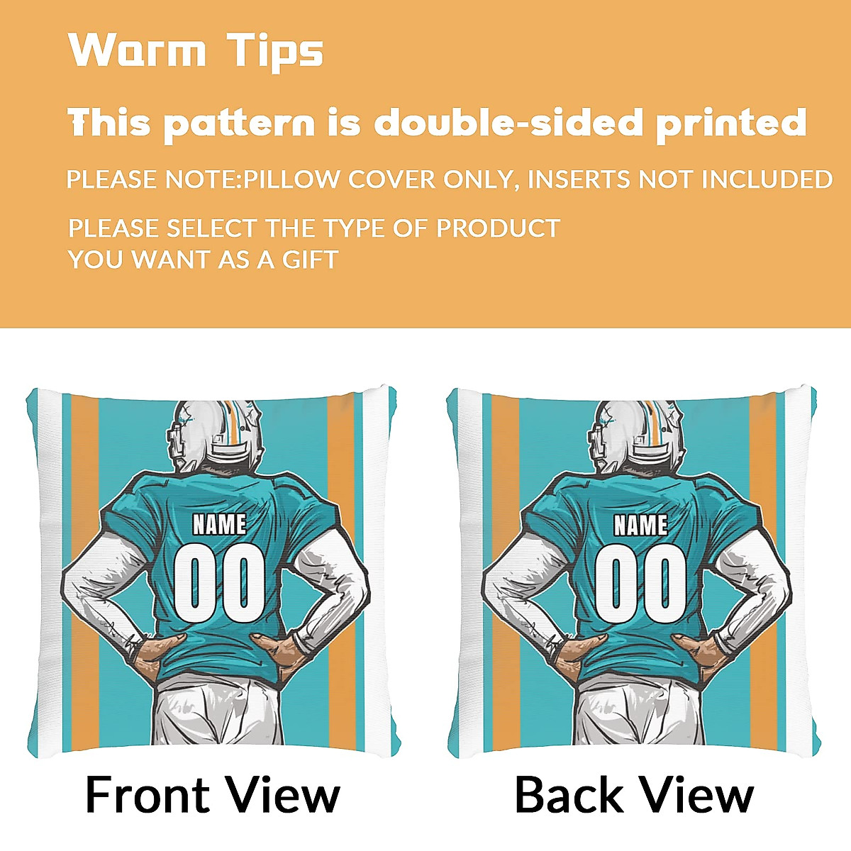 Onemiliayears Football Team Custom Pillowcass - 18 in 18 in Name & Number Customized Football Style Pillow for Brithday Gift, Super Soft Football Sports Custom Made Pillow Cover for Men （Miami Blue）