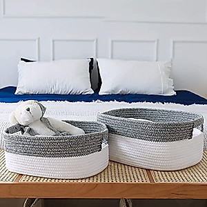LA JOLIE MUSE Rectangle Cotton Rope Storage Basket Set of 2, Natural and Safe For Baby Kids Nursery, Two-Tone Woven Decorative Baskets, White & Gray