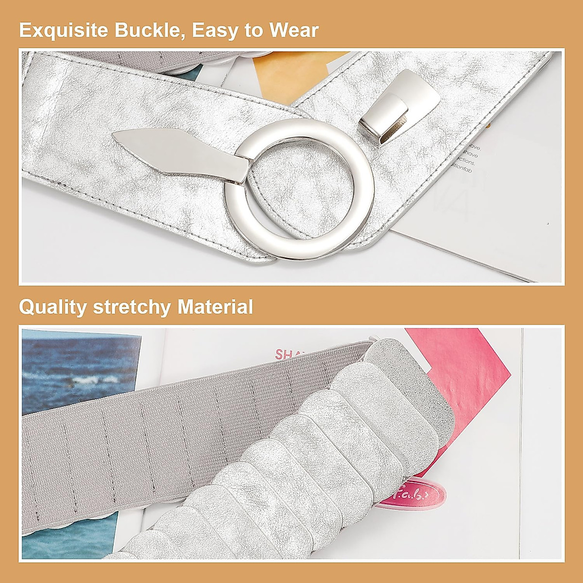 WHIPPY Women Wide Elastic Waist Belt Vintage Wide Stretch Waist Belt Fashion Retro Leather Waistband for Dresses, Silver, S