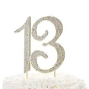 Ella Celebration 13 Cake Topper for 13th Birthday Party, Gold Rhinestone Metal Number Decoration (Gold)