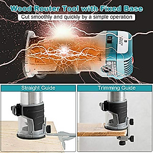 Goplus Wood Router with Fixed Base, 6.5-Amp 1.25 HP Compact Router with 1/4" & 3/8" Collets, Variable Speed Palm Router for Woodworking and Furniture Manufacturing