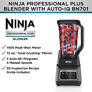 Ninja BN701 Professional Plus Bender, 1400 Peak Watts, 3 Functions for Smoothies, Frozen Drinks & Ice Cream with Auto IQ, 72-oz.* Total Crushing Pitcher & Lid, Dark Grey