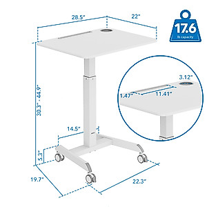 Mount-It! Standing Mobile Laptop Cart, Sit Stand Rolling Desk with Height Adjustable 31.1" x 20.5" Platform, Supports up to 17.6 lbs, White