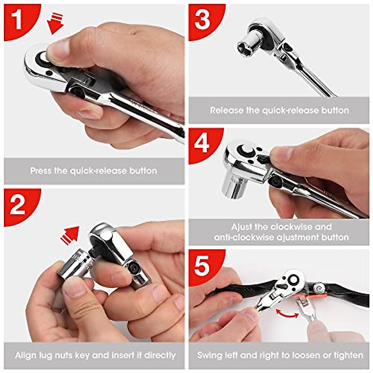 WORKPRO 4-Piece Flex Head Ratchet Set, 1/4", 3/8", 1/2" Drive, 3/8" Stubby, 72-Tooth Ratchet with Chromium Plating Quick Release Reversible Design, 5 Degree Swing