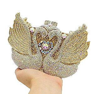 Boutique De FGG Women Swan Clutch Crystal Evening Bags Wedding Party Dinner Ladies Rhinestone Minaudiere Handbag (Small,Gold AB)