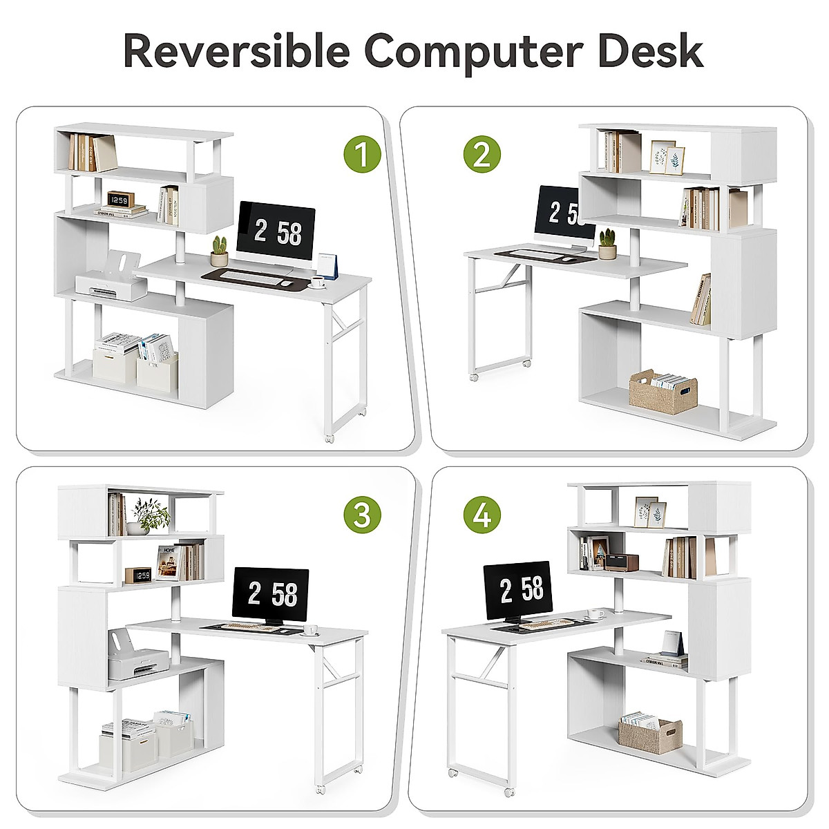 LITTLE TREE White Rotating Desk with Bookshelf, L-Shaped Computer Desk with Shelves, Reversible Writing Desk and Bookcase Combo with Storage for Home Office