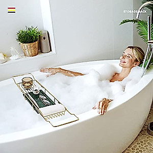 BAWOUA Bathtub Caddy Tray - Over Bathtub Racks with Natural Marble(Emerald), Strong Expandable Chrome Polished Stainless Steel Brackets for Bath (Gold)