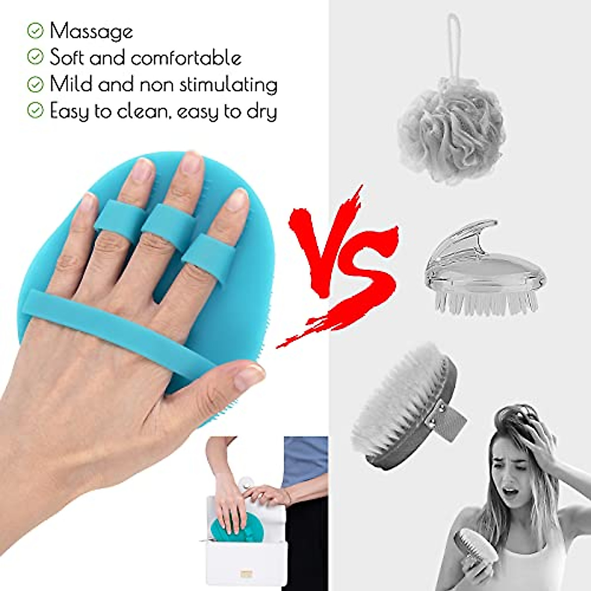 2 Pack Soft Silicone Shower Brush, Body & Face & Short Hair Wash, Bath Exfoliating Skin Massage Scrubber, Dry Skin Brushing Glove Loofah, Fit for Sensitive and All Kinds of Skin (Blue+Gray)