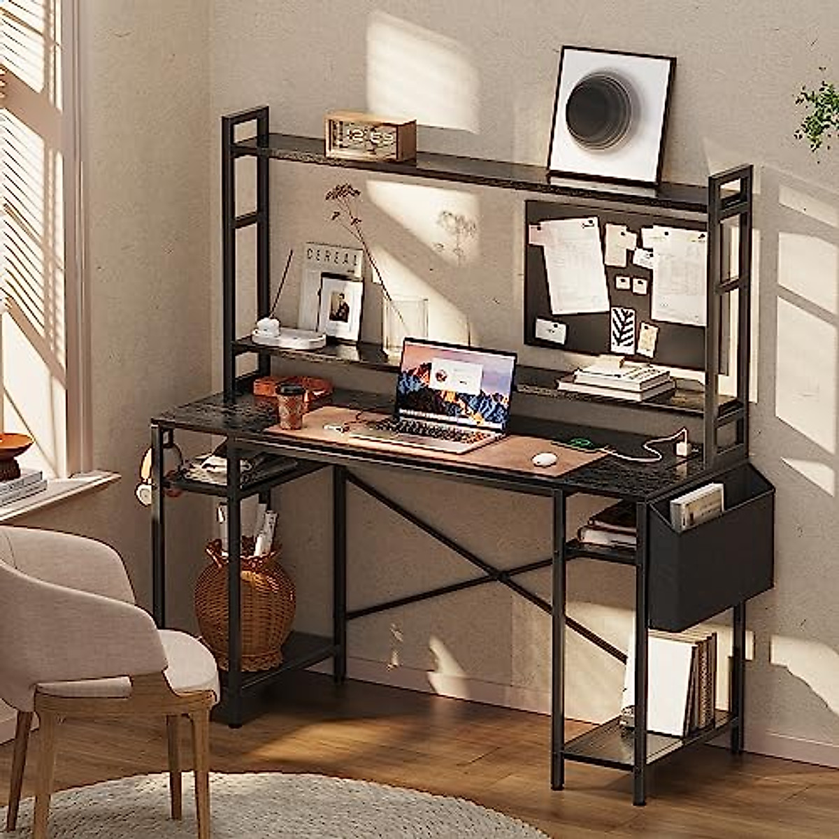 Huuger 55 inch Computer Desk with Adjustable Shelves, Gaming Desk with LED Lights & Power Outlets, Home Office Desk with Monitor Stand, Hooks & CPU Stand, Black