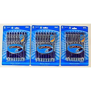 Clipclick Retractable Ball Point Pens 1.0mm Blue Ink Set of 8 (3 packs of 8)