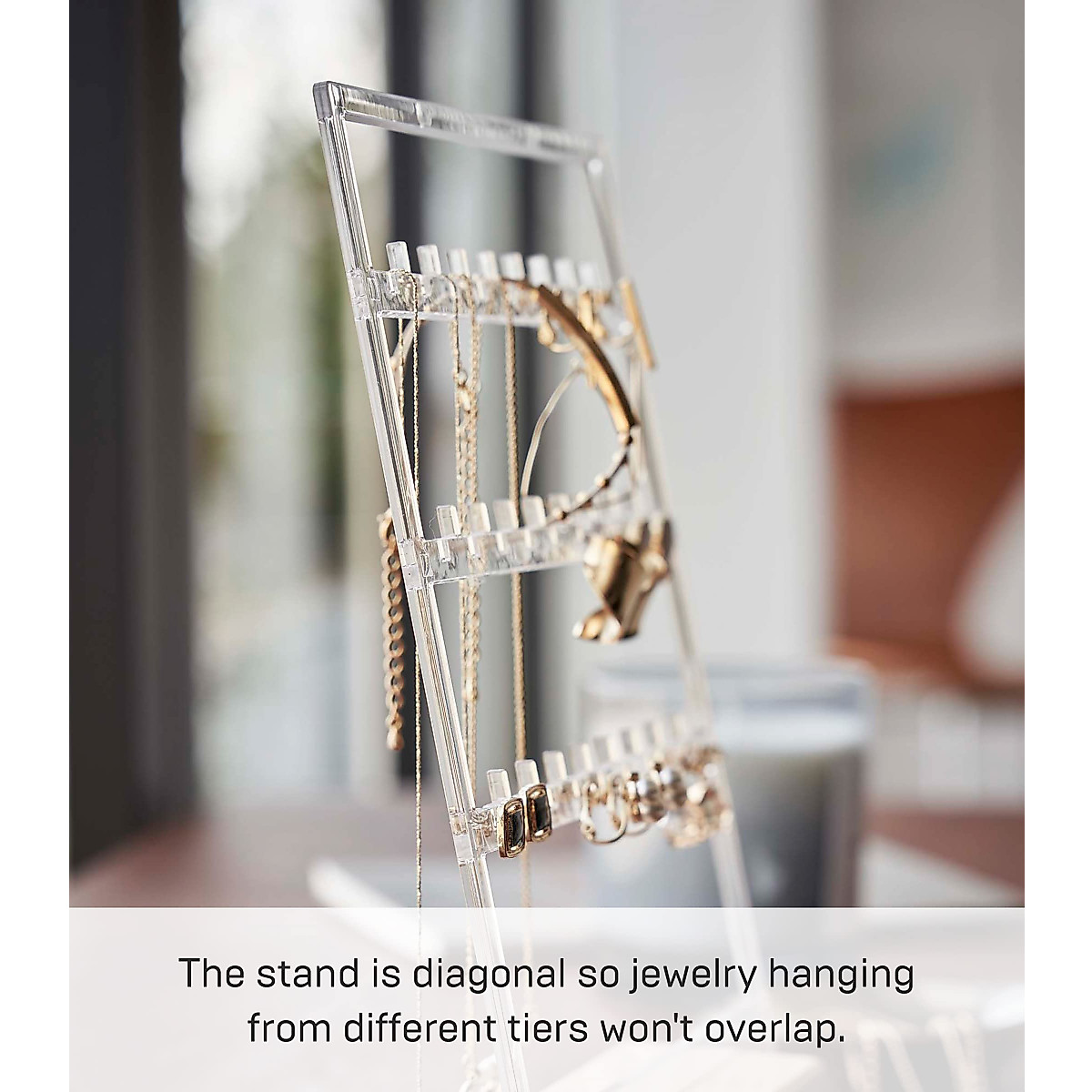 Yamazaki Home Rin Jewelry Organizer Stand Earring Necklace Bracelet Standing Display Holder Storage, Natural Wood Box - Abs Plastic