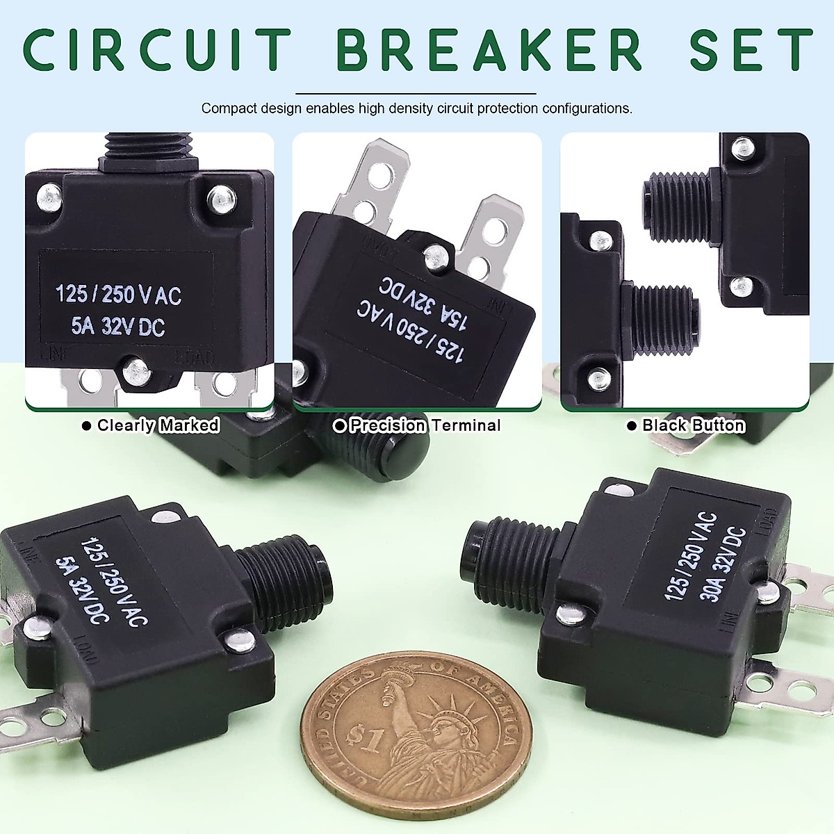 Keadic 20Pcs 20A Push Button Circuit Breaker with Manual Reset Assorted Set AC125-250V 32VDC Thermal Circuit Breaker with 19cm Wire Leads, Female Spade Terminals and Waterproof Button Transparent Cap