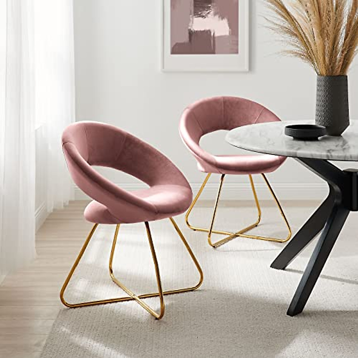 Modway Nouvelle Moday Performance Velvet Dining Chairs in Gold Dusty Rose-Set of 2