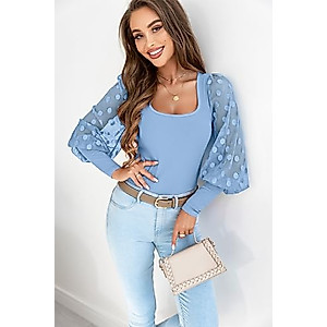 miduo Womens Knit Tops Fashion 2022 Spring Square Neck Swiss Dots Long Puff Gigot Sleeve Ribbed Shirts Tops Sweater Blouses Blue Medium