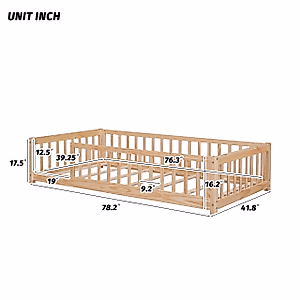 Brafab Montessori Floor Bed with Safety Guardrails and Door, Twin Size Solid Pine Wood Floor Bed Frame with Slats, Full Length Fence for Girls, Boys, Child Bedroom, Kids Playroom (Natural)
