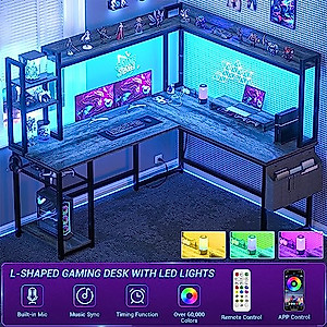 Aheaplus L Shaped Desk with Power Outlet, L Shaped Gaming Desk with Led Light & Hutch, Reversible Home Office Desk, Corner Computer Desk Writing Desk with Monitor Stand & Storage Shelves, Grey Oak