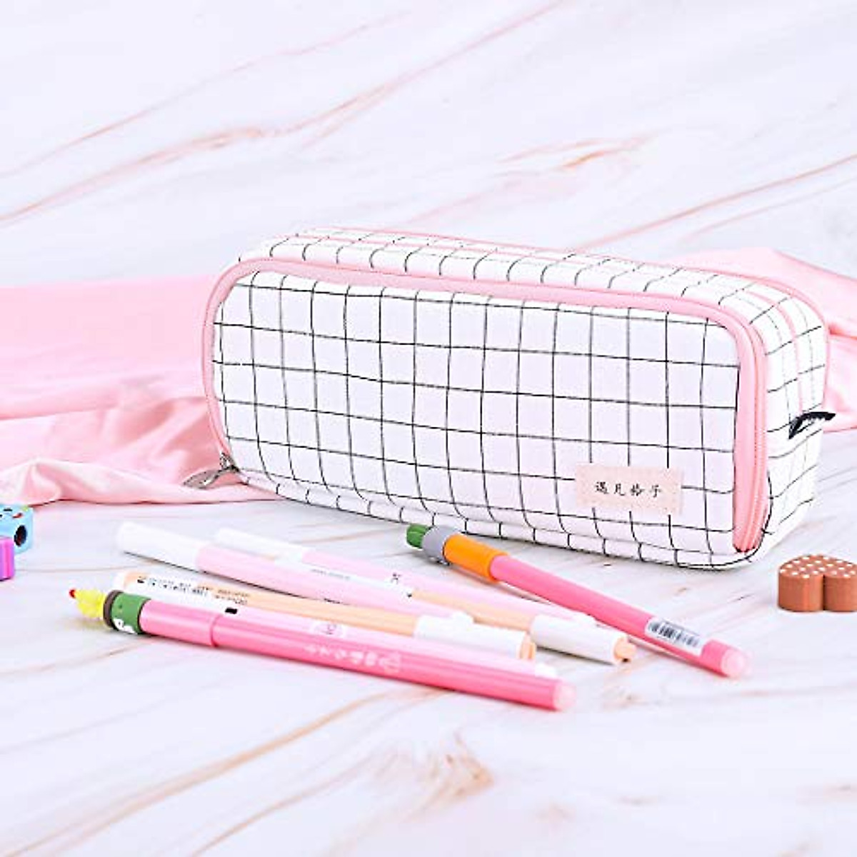 Oyachic Cute Plaid Pencil Case Large Striped Makeup Pouch Cosmetic Organizer Bags 3 Layer Zipper Pen Holder for Women School