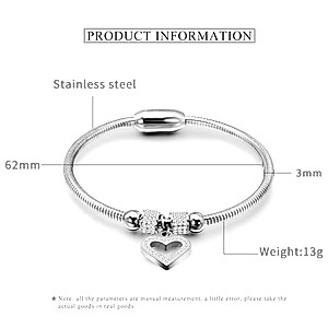 Jude Jewelers Stainless Steel Heart Charm Cubic Zircon Anniversary Valentine Bangle Bracelet (Silver)